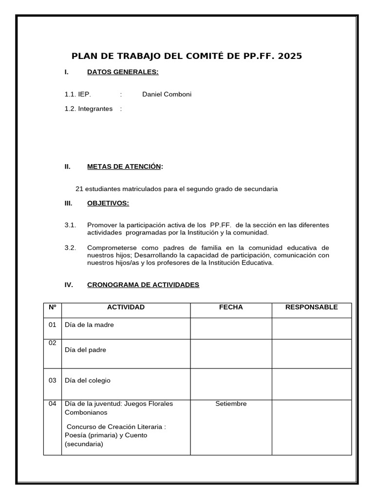 22.PLAN DE TRABAJO DEL COMITÉ DE PPFF | PDF