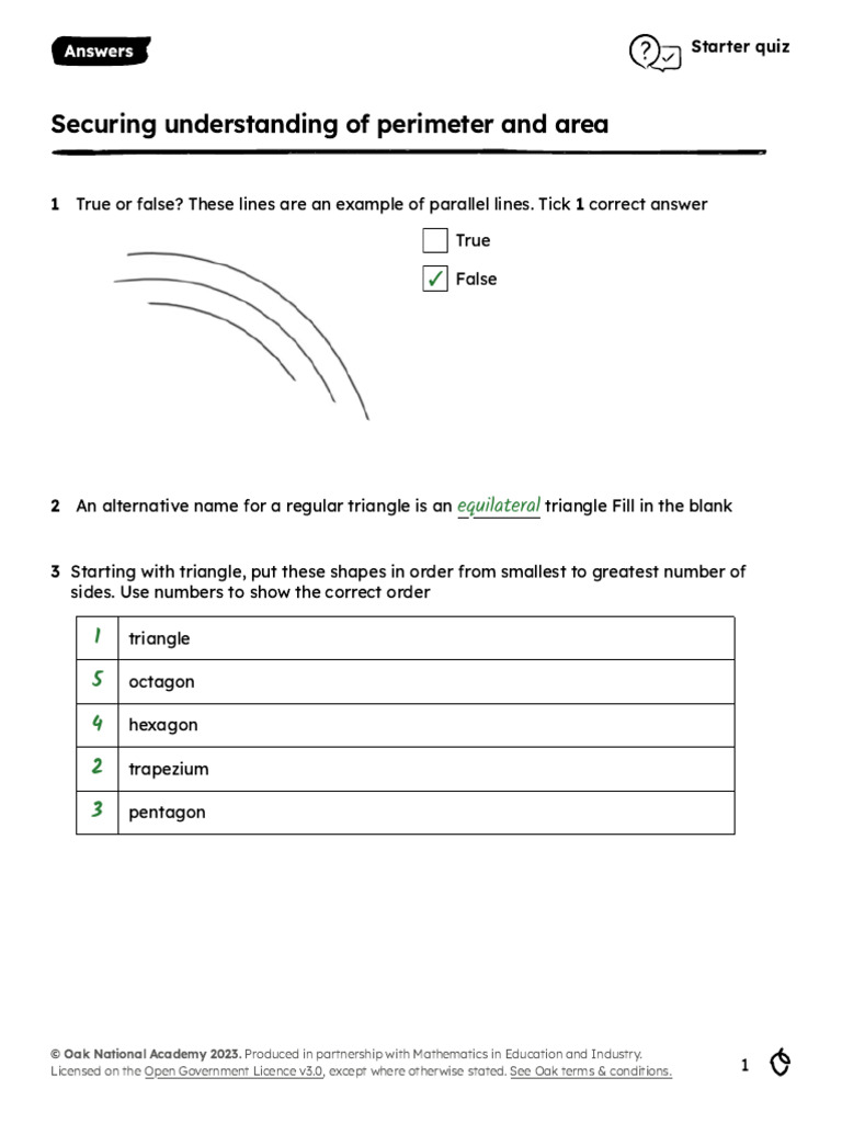 Perimeter and Area Starter Quiz | PDF