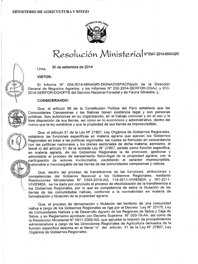 RM 547-2014-Minagri-Procedimiento Administrativo de Demarcación y Titulación de Comunidades ...