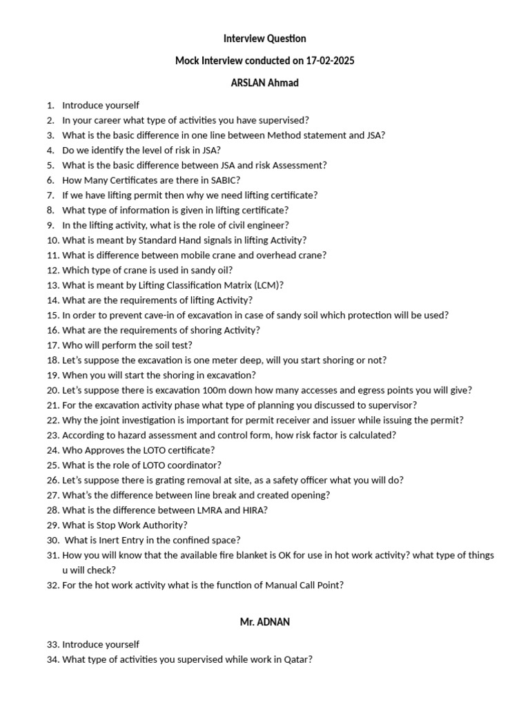 Safety Interview Questions | PDF | Scaffolding | Safety