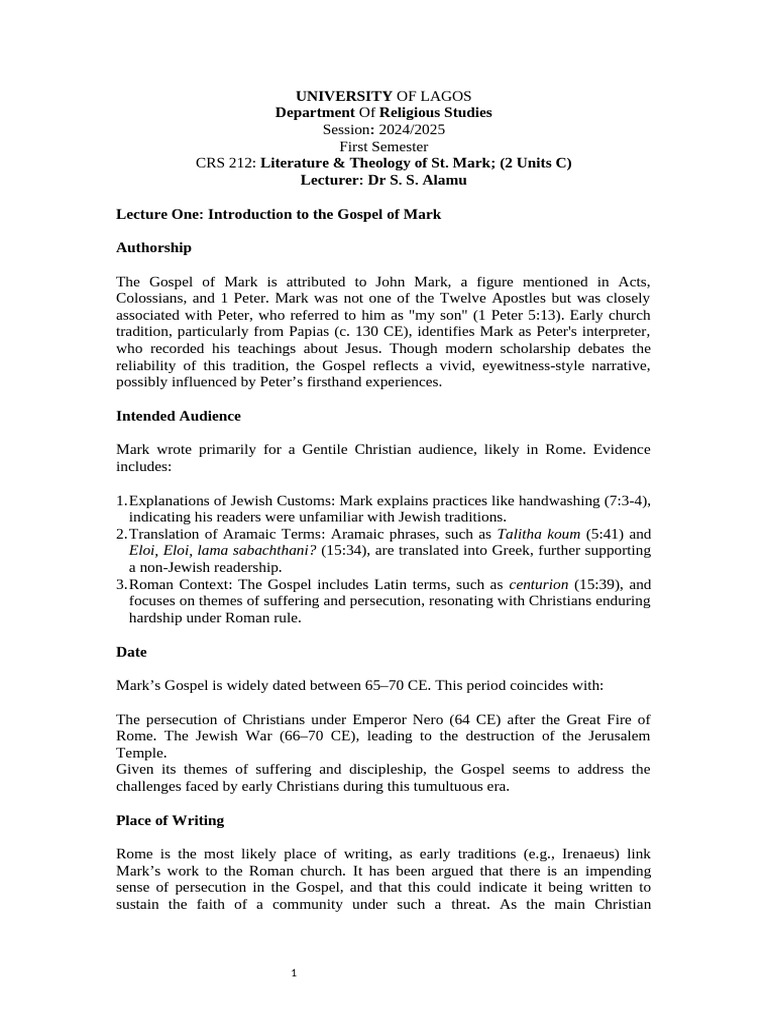 Unilag CRS 212 Lit and Theol of Mark Notes | PDF | Gospel Of Mark | Jesus