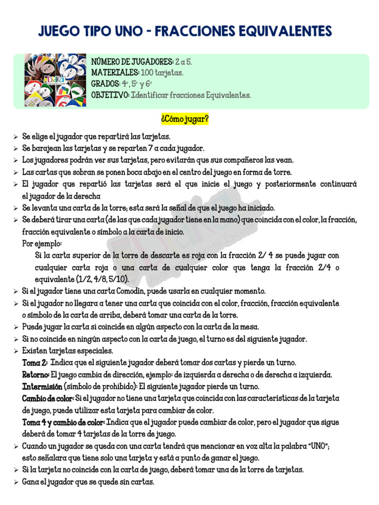 Instrucciones - UNO Fracciones Equivalentes | PDF | Juegos de habilidad ...