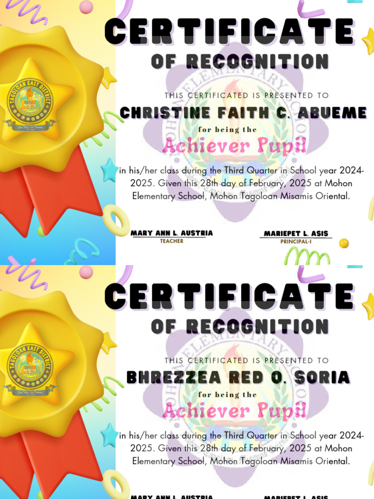 Achiever Pupil Certificates 2025 | PDF
