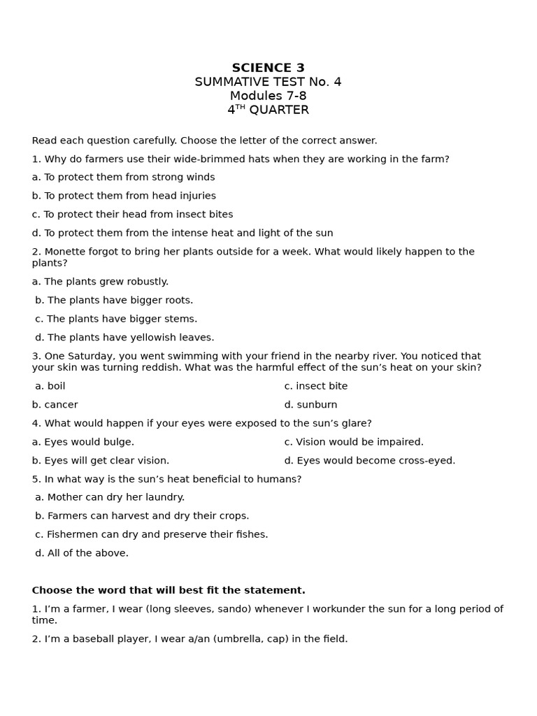 Science 3 Summative Test Pdf Agriculture