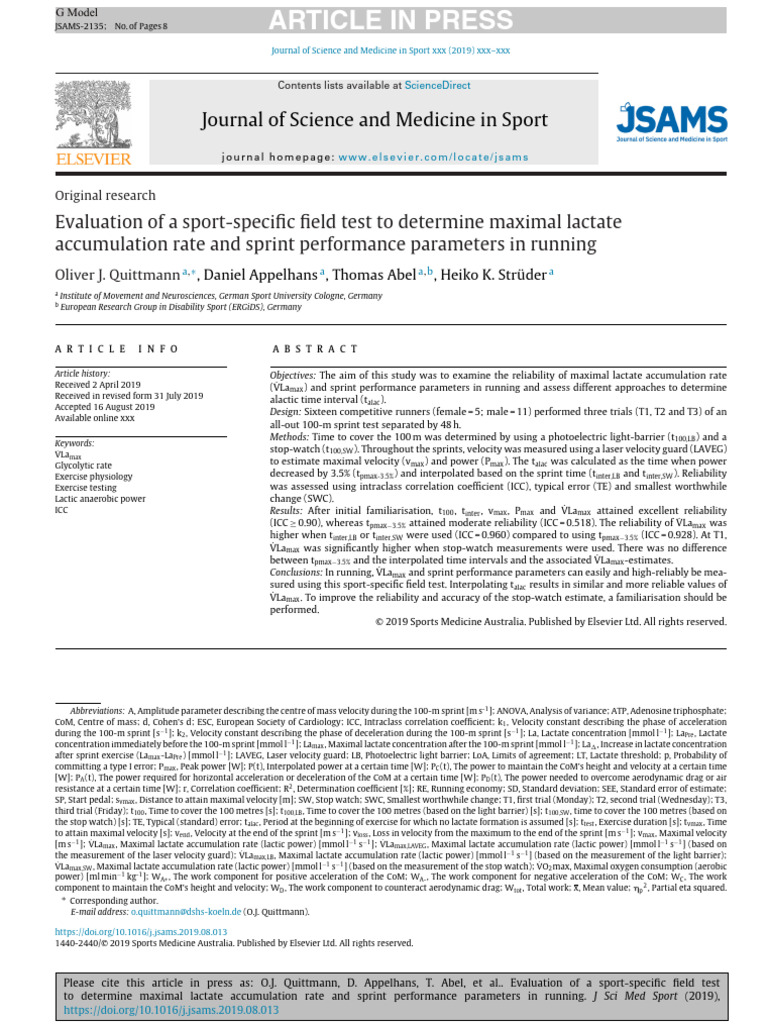 Evaluation of A Sport-Specific Field Test To Determine Maximal Lactate ...