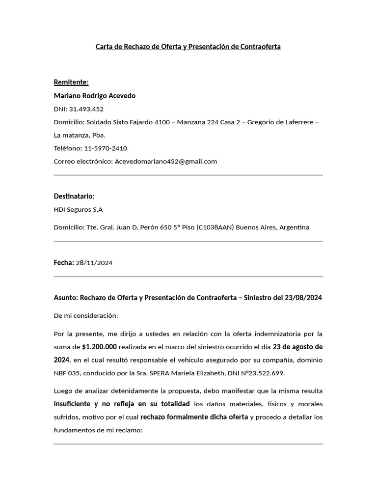 Carta de Rechazo de Oferta y Presentación de Contraoferta | PDF