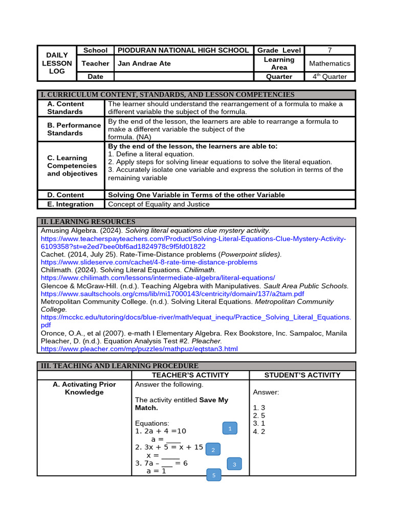Q4 L7 G7 Solving One Variable in Terms of The Other Variable | PDF ...