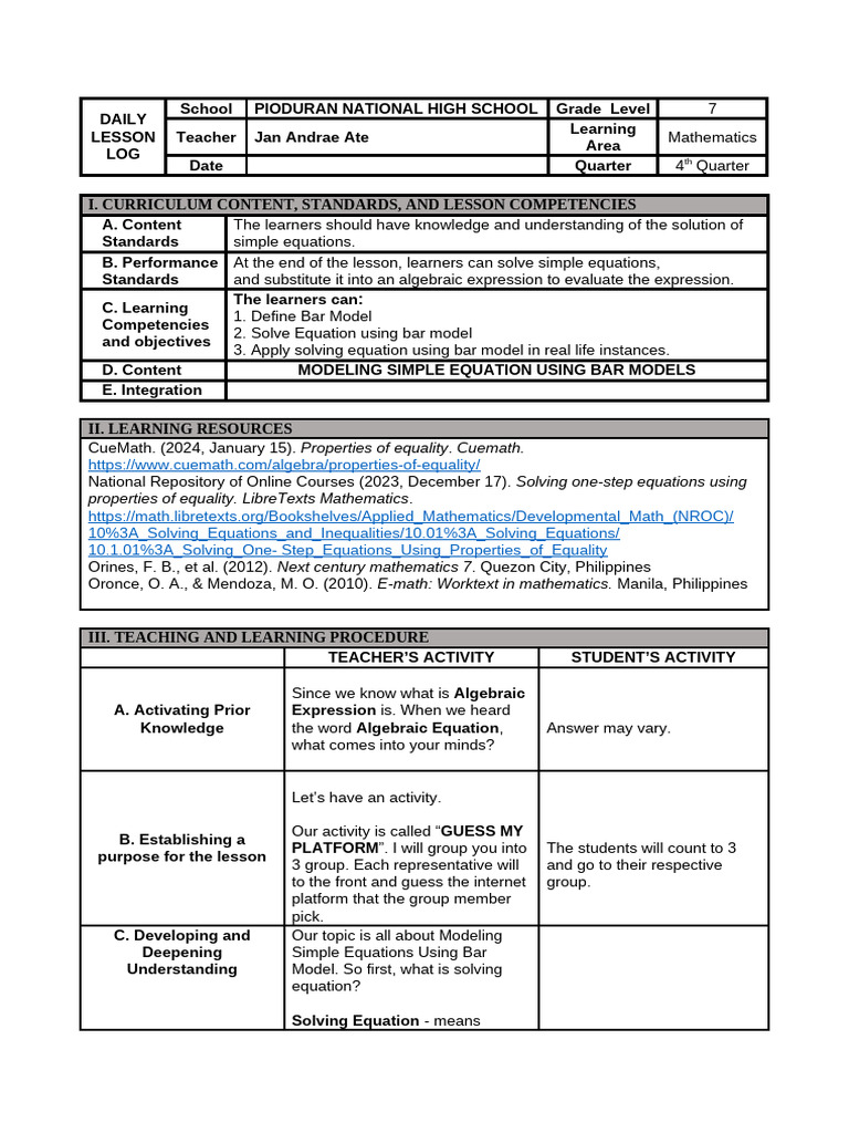 Q4 L5 G7 Solving Simple Equations Using Bar Model | PDF | Equations ...