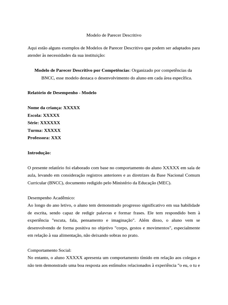Modelo de Parecer Descritivo BNCC | PDF | Conceitos psicológicos | Cognição