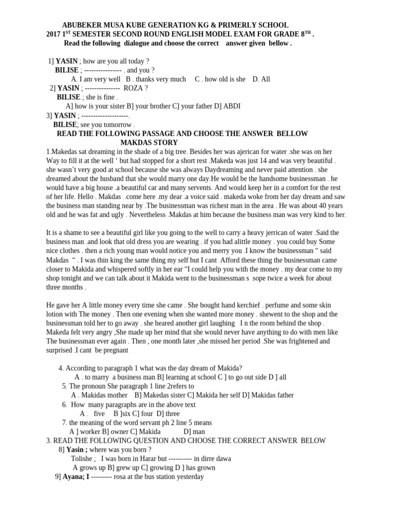 2017 1st Sem. 2nd Round Engllish Model Exam | PDF | Syntax | Grammar