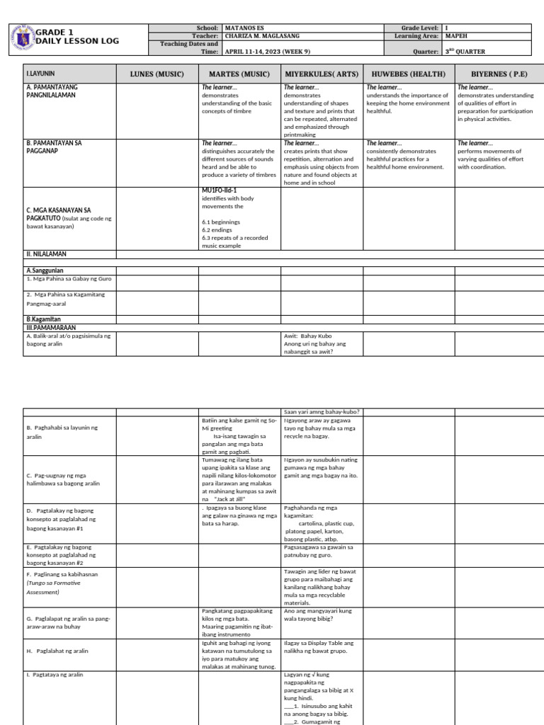DLL - Mapeh 1 - Q3 - W9 | PDF