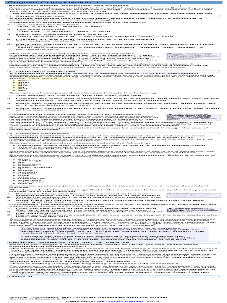ENG 1001 Sentences Simple, Compound, and Complex | PDF | Sentence ...