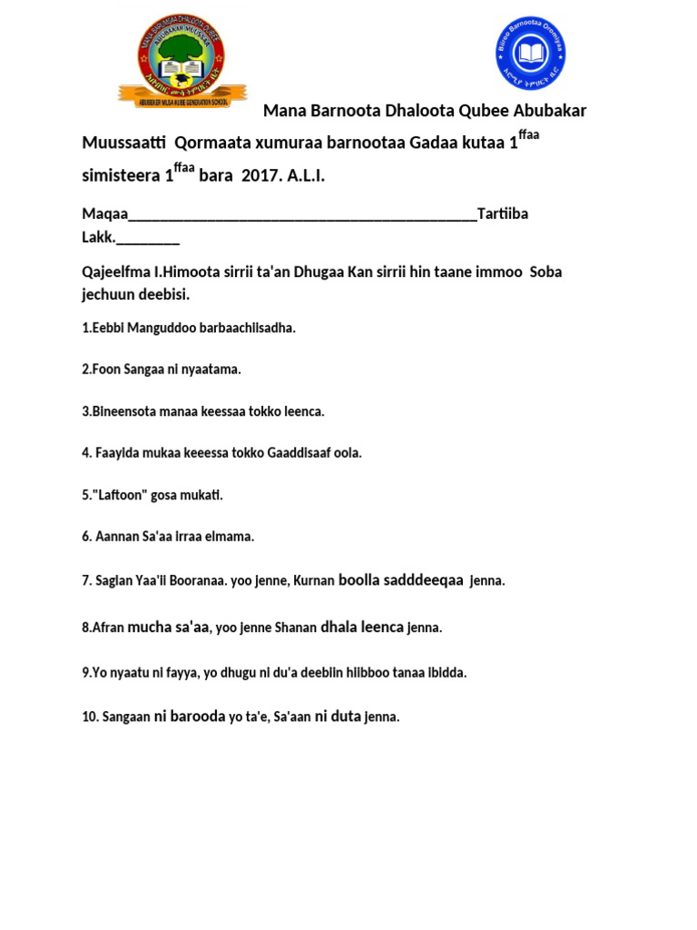 Gadaa Gr 1 Final exam 2017 1st semister | PDF