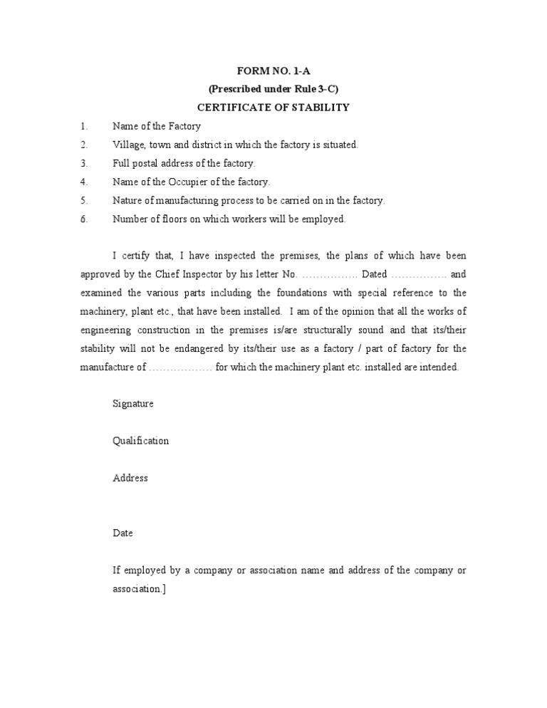 Stability Certificate Form No. 1-A | PDF