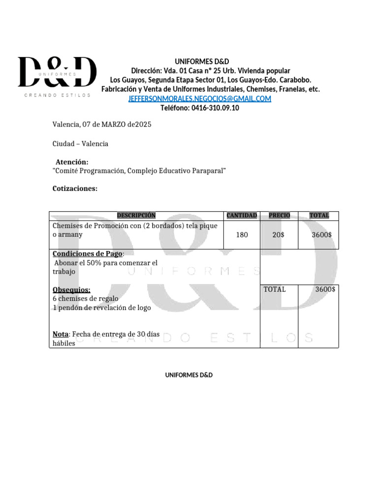 Cotizacion Chemises Cep | PDF
