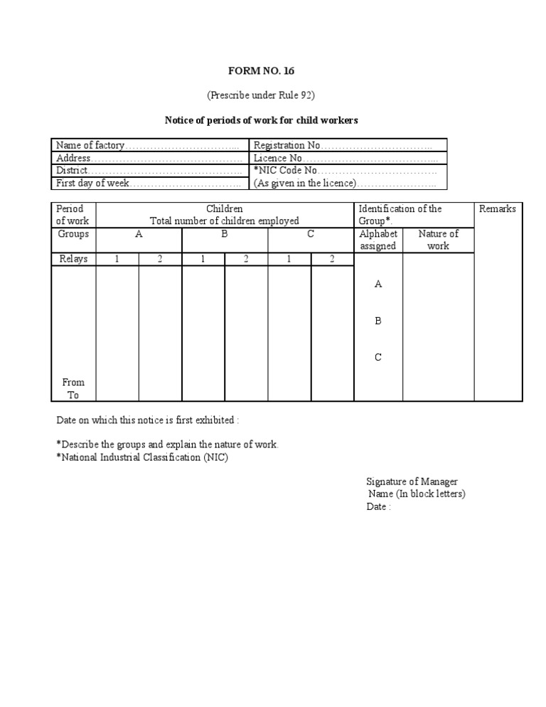 Form - 16 - Notice of Periods of Work For Child Workers | PDF