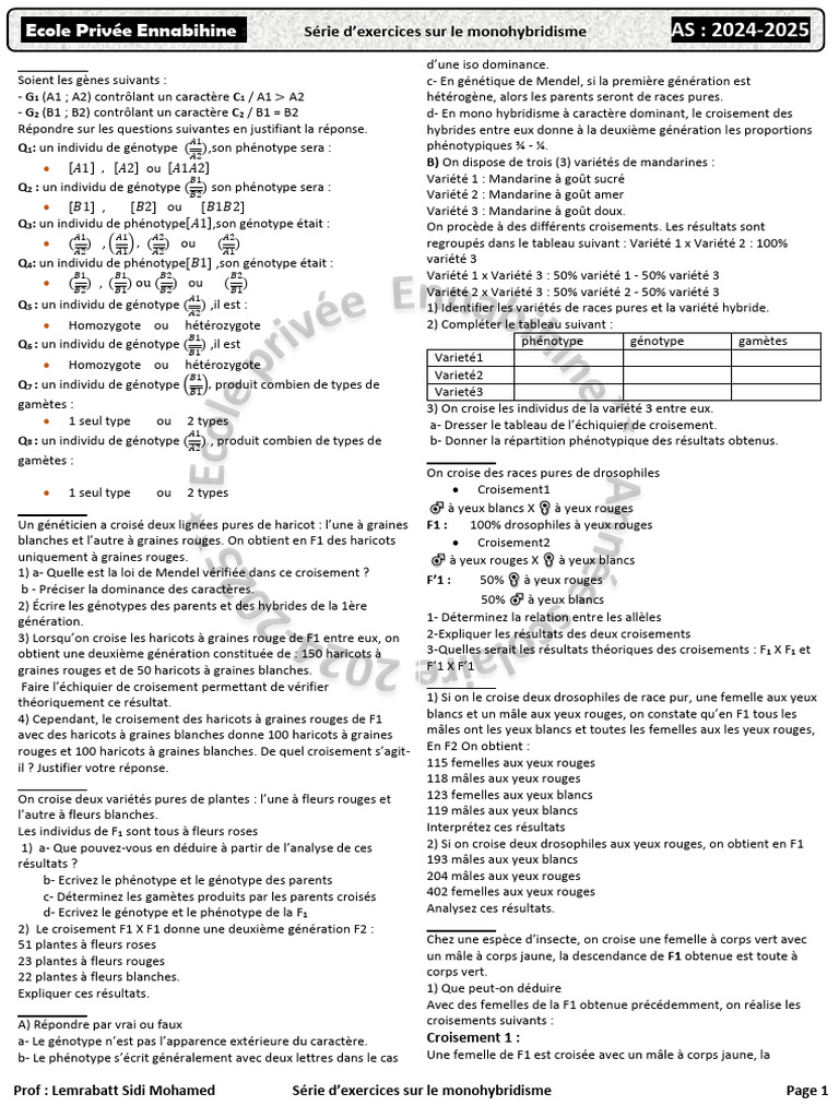 Exercices corrigés sur le monohybridisme | PDF | Dominance (Génétique ...