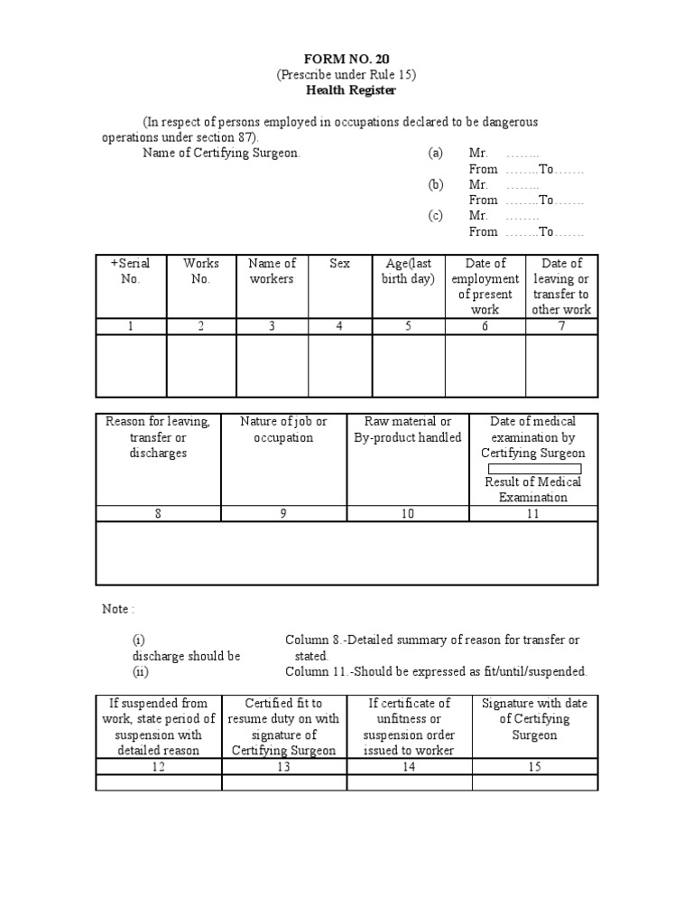 Form No. 20 Health Register | PDF