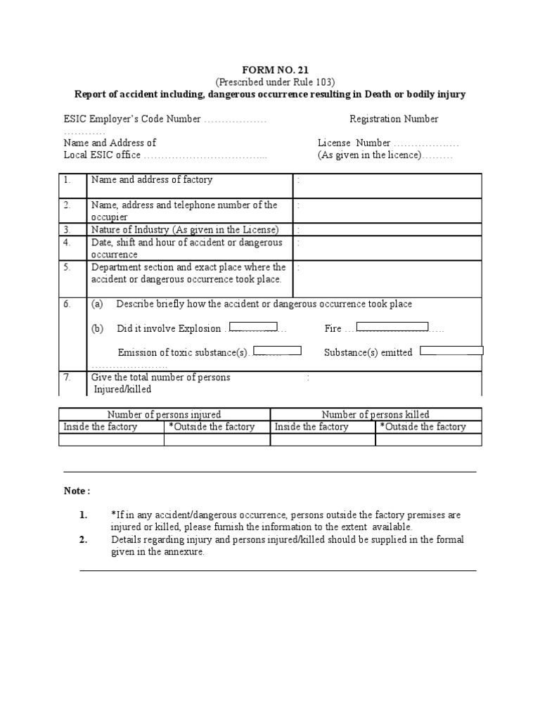 Form - 21 - Report of Accident Including, Dangerous Occurrence ...
