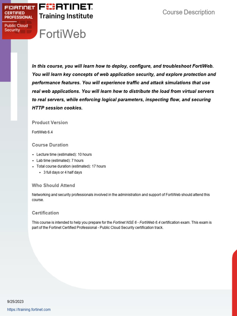 FortiWeb - 6.4 - Course - Description V | PDF | World Wide Web | Internet & Web