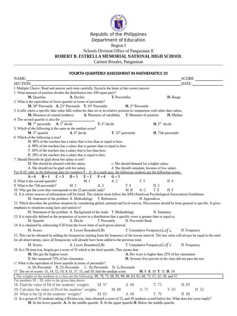 Math 10 Q4 Assessment Guide | PDF | Percentile | Quartile