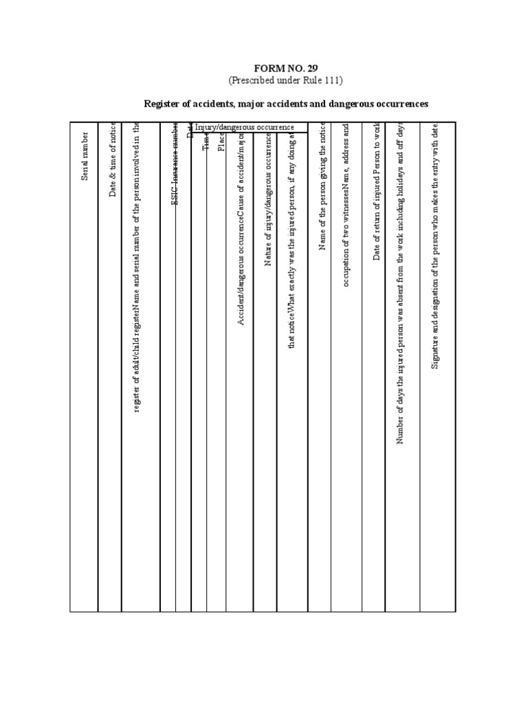 Accident Register Form No. 29 Guidelines | PDF | Government | Injury
