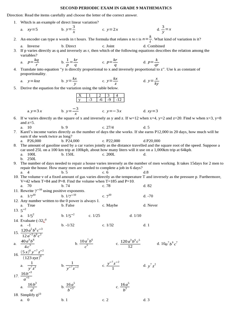 Grade 9 Math Exam: Variation Concepts | PDF | Mathematics | Mathematical Analysis
