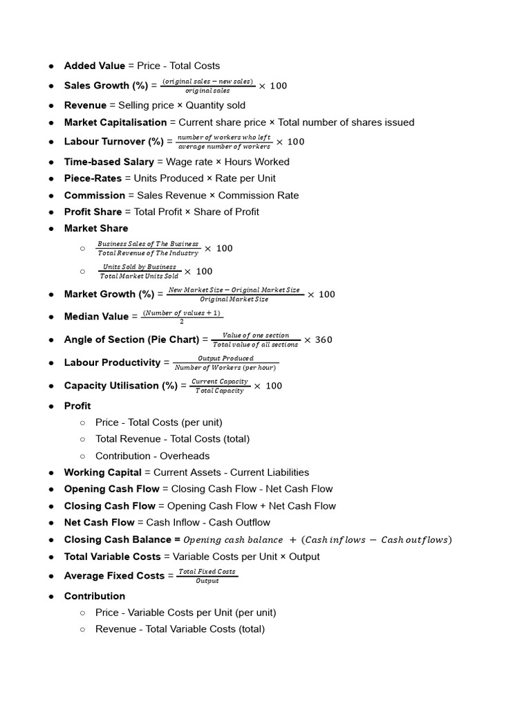 All Business As Level Formulae | PDF | Revenue | Financial Economics