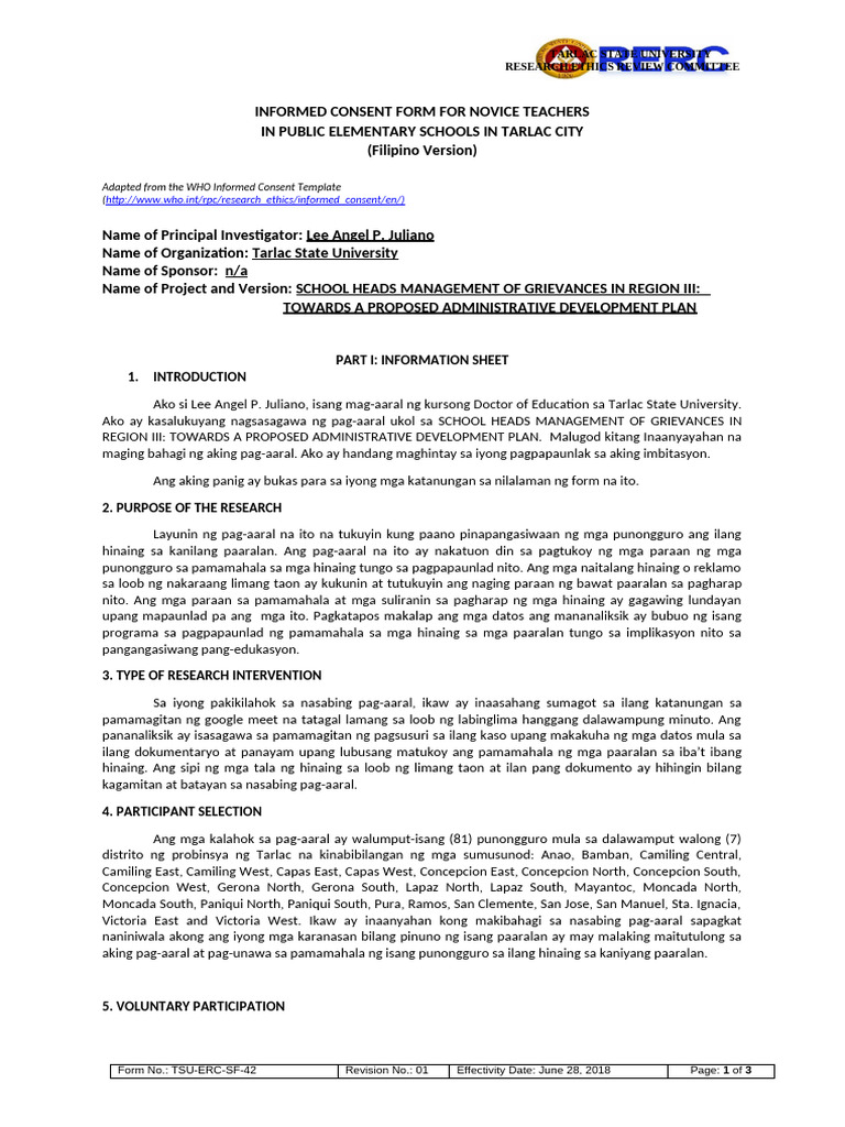 Filipino Version Informed Consent Form For Novice Teachers | PDF