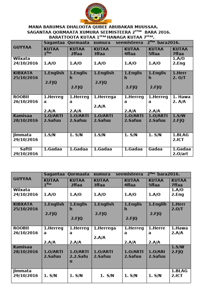Saganta Qormaata Sem 2ffaa Bara 2016 | PDF