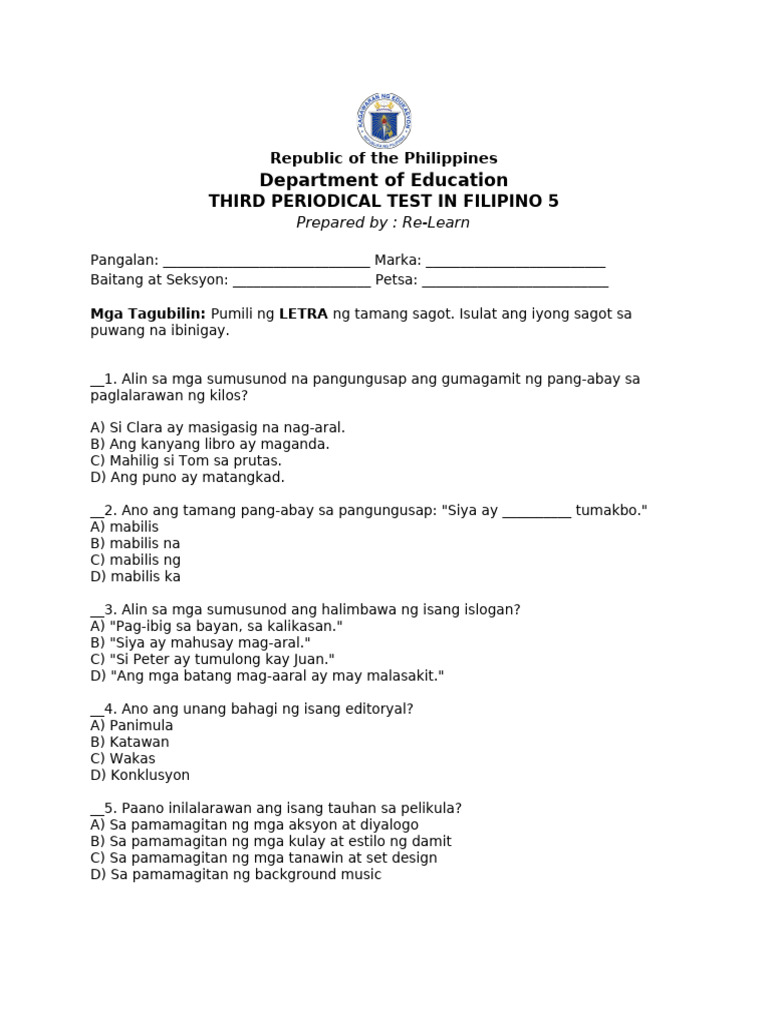 Third Periodical Test in Filipino 5 (Re-Learn) | PDF