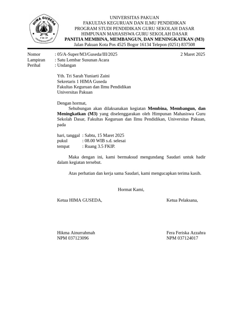 Undangan Kegiatan M3 HIMA Guseda 2025 | PDF