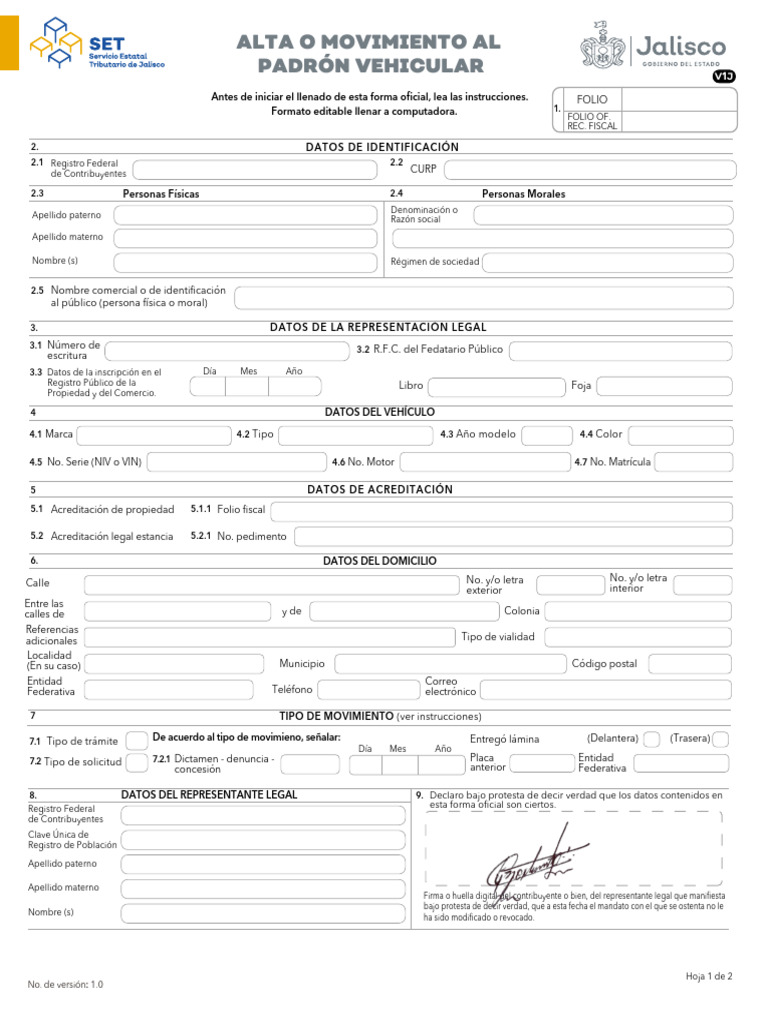 Formato V1J para Padrón Vehicular Jalisco | PDF