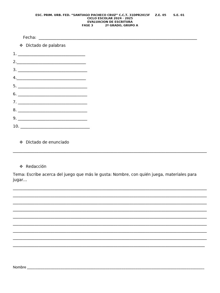 Evaluación Lectura y Escritura 2o Grado. Trimestre 1 2024-2025 | PDF