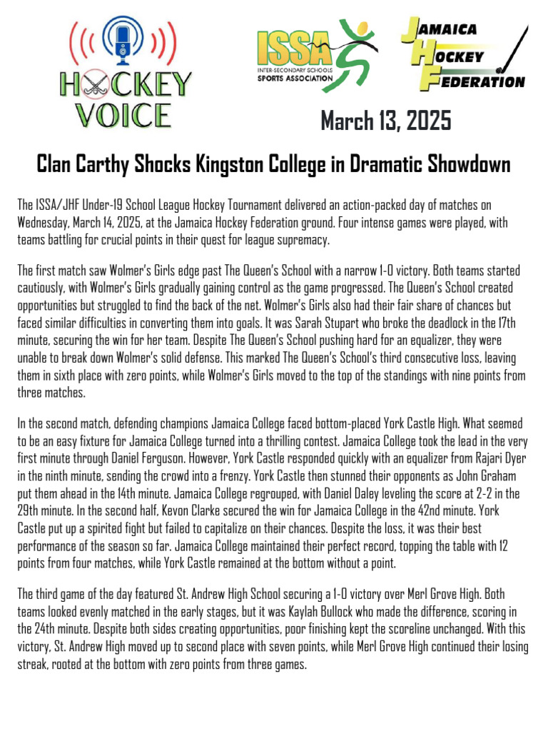 Clan Carthy Shocks Kingston College in Dramatic Hockey Showdown | PDF ...
