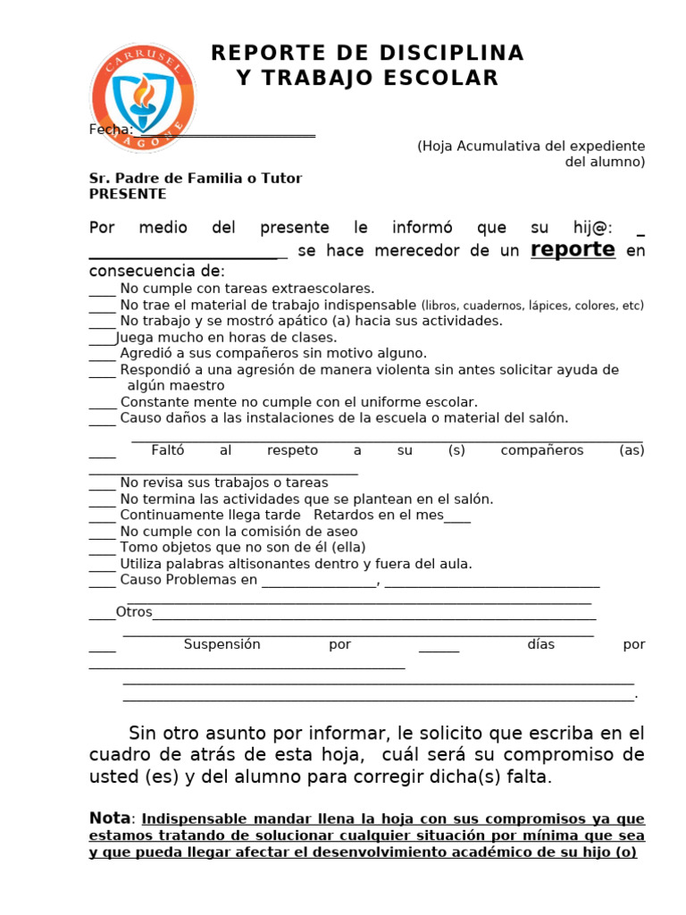 Reporte de Disciplina Escolar | PDF