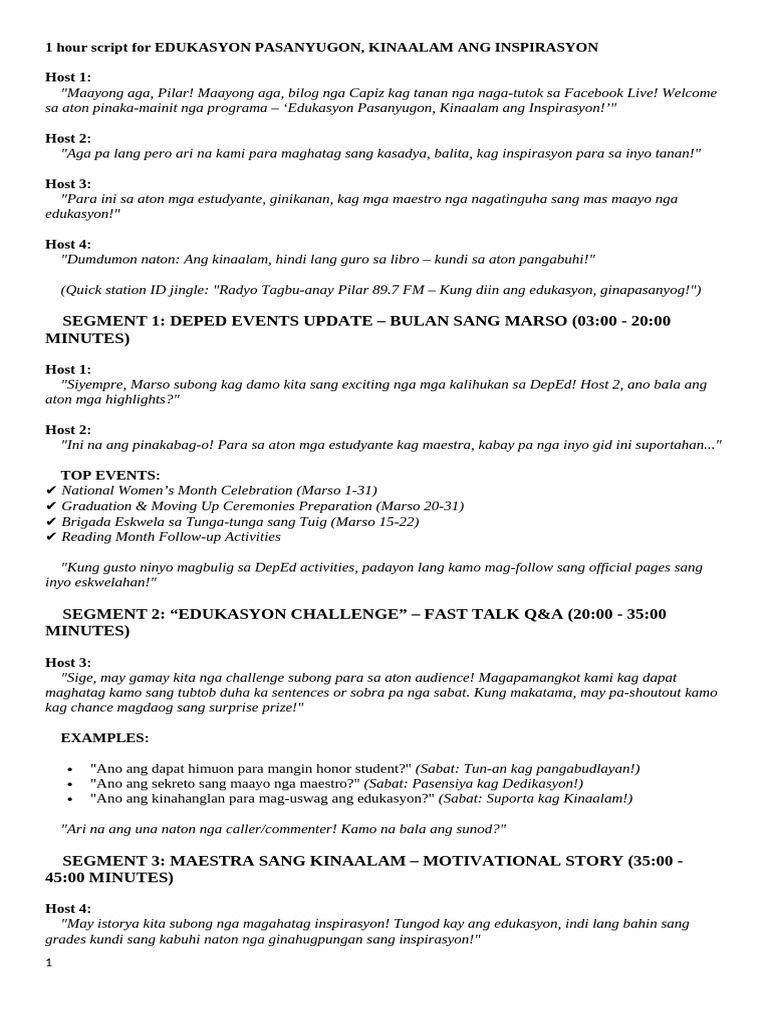 1 Hour Script For EDUKASYON PASANYUGON Kinaalam Ang Inspirasyon | PDF