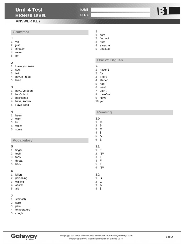 Unit 4 Test Answer Key | PDF