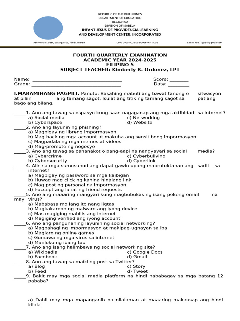 4TH Quarter Examination-Filipino 5 | PDF