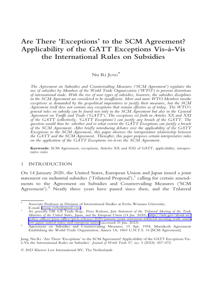 GATT Exceptions and the SCM Agreement | PDF | World Trade Organization ...