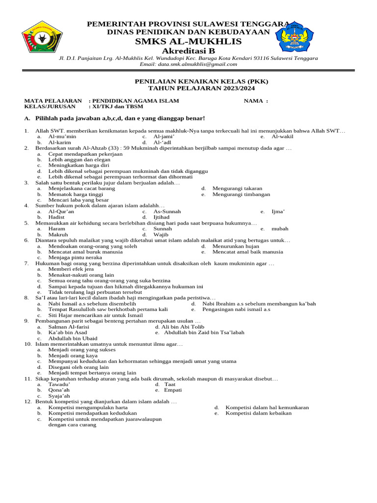 Soal PKK Agama Kelas Xi 2023-2024 | PDF