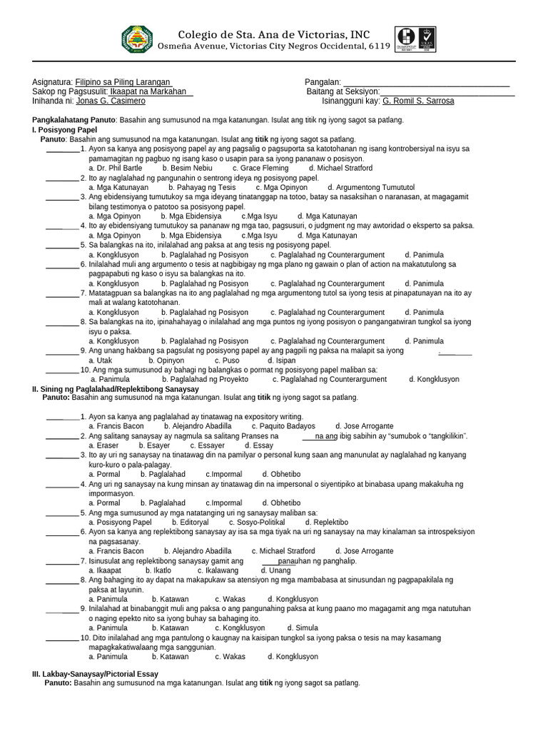 4TH GRADING (FILI) 2019 Grade 12 FINAL | PDF