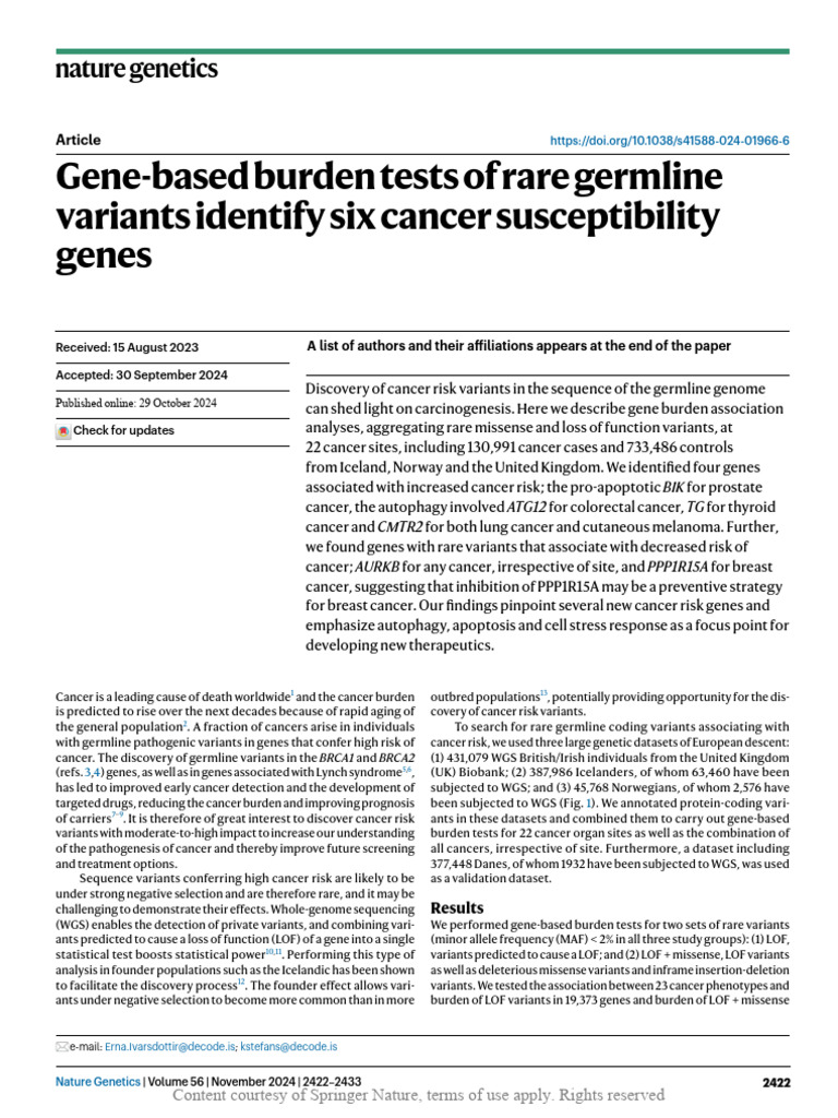 Ene-Based Burden Tests of Rare Germline Variants Identify Six Cancer ...