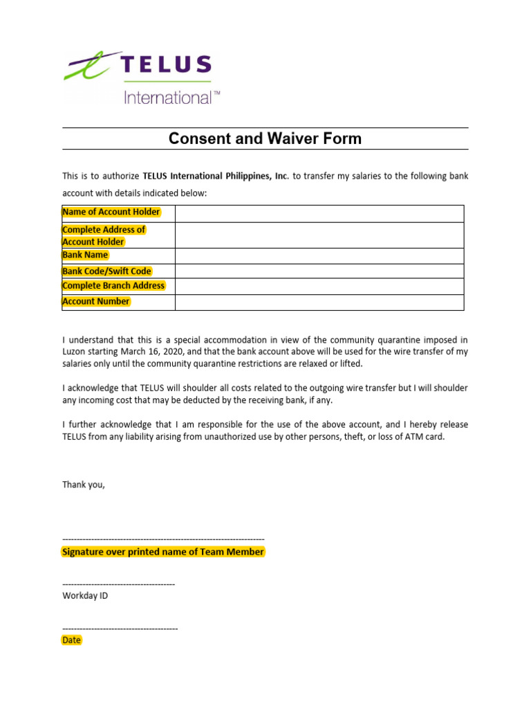 Bank Account Waiver - Wire Transfer | PDF