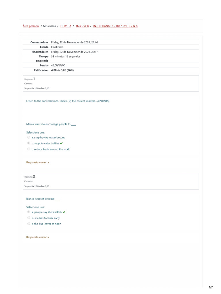 Interchange 3 - Quiz Units 7 & 8 | PDF
