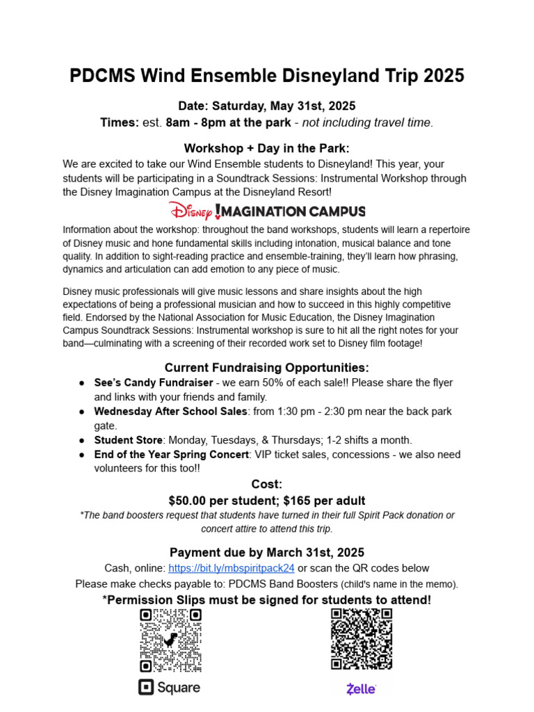 PDCMS - Wind Ensemble Disneyland Trip 2025 | PDF