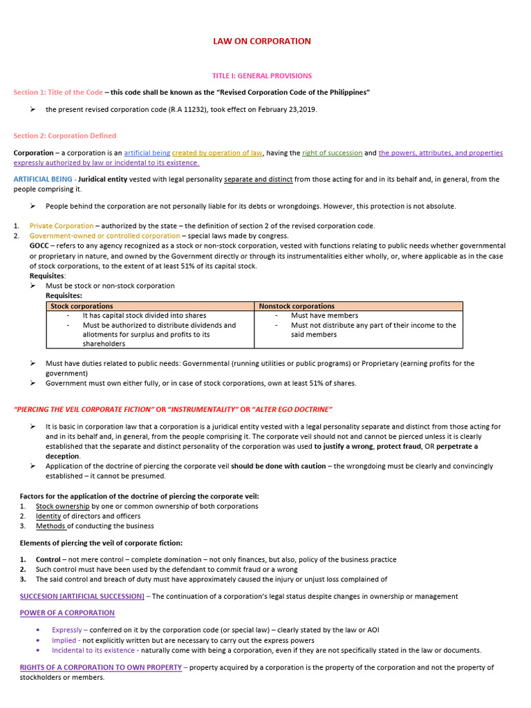 Revised Corporation Code Overview | PDF | Stocks | Corporations