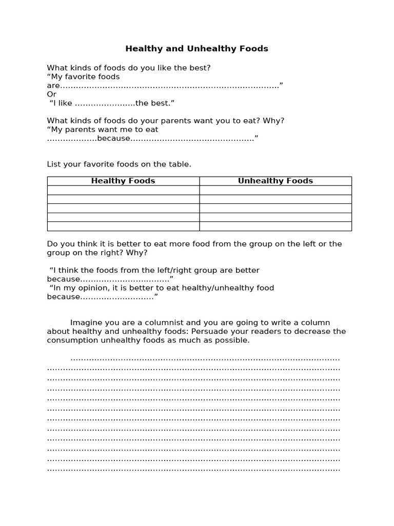 Healthy and Unhealthy Foods Writing Creative Writing Tasks 96291 | PDF