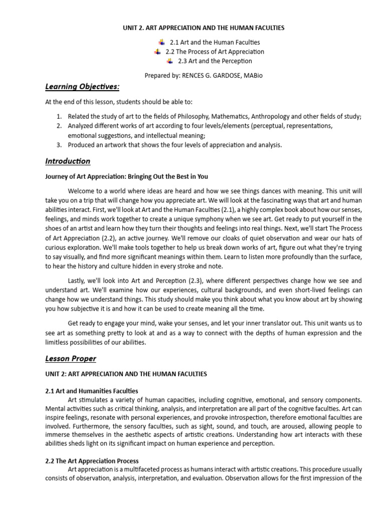 Unit 2 - ART APPRECIATION AND THE HUMAN FACULTIES | PDF | Perception | Experience