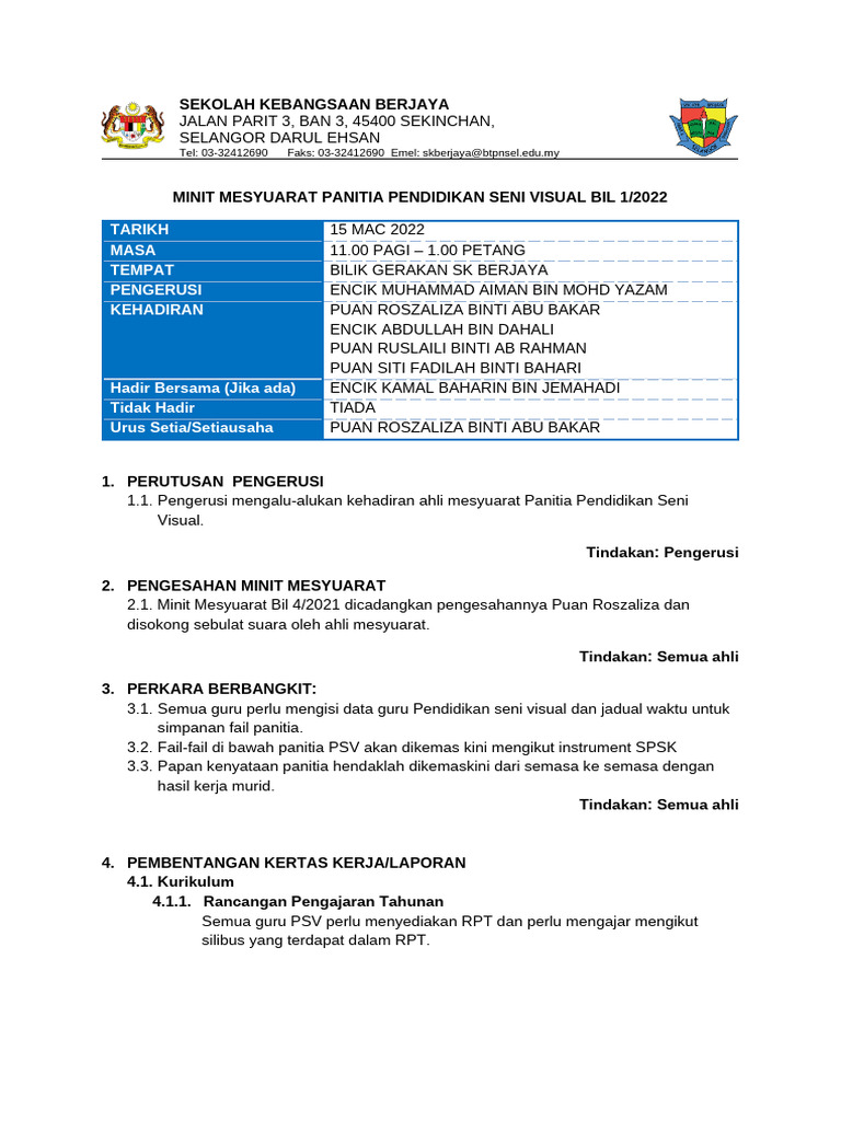 Minit Mensyuarat Panitia PSV 2022 BIL 1 | PDF